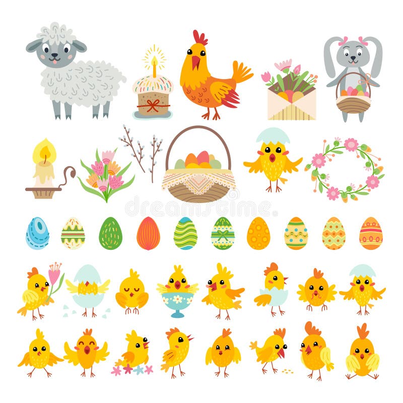 Set of Easter Cartoon Characters and Design Elements Stock Vector ...