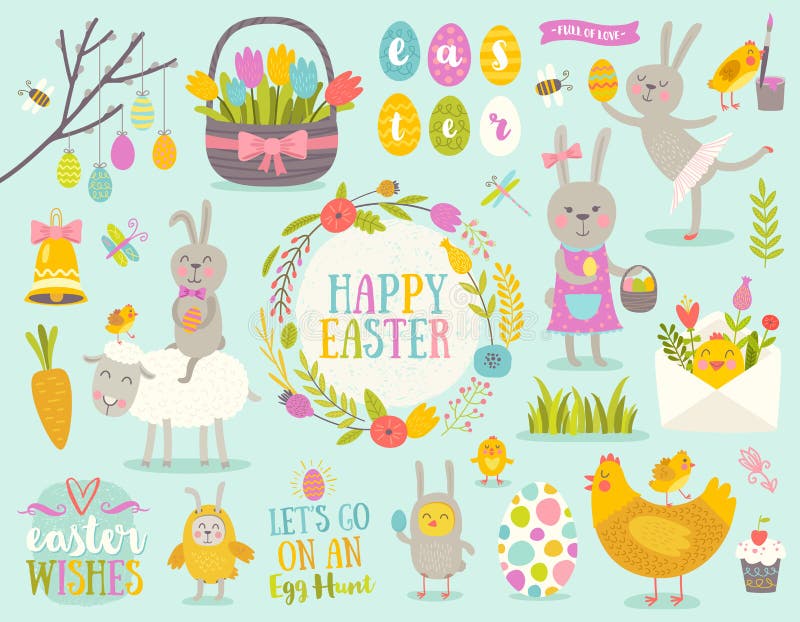 Set of Easter Cartoon Characters and Design Elements Stock Vector ...