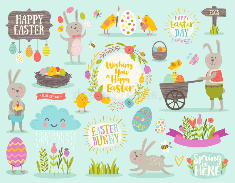 Set of Easter Cartoon Characters and Design Elements Stock Vector ...
