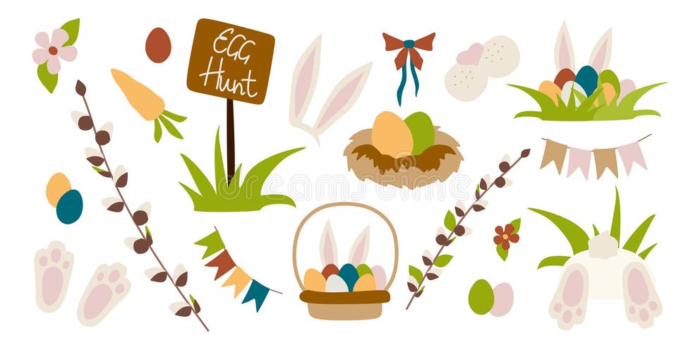 Set of Easter Design Elements. Eggs, Rabbit, Bunny, Willow, Branches, Basket Stock Vector ...