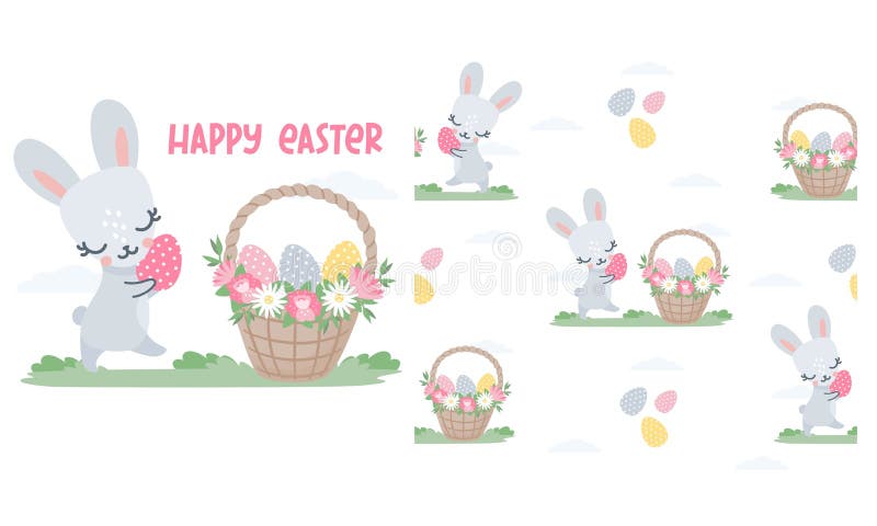 Set for Easter Design. Printable Print and Seamless Pattern. Cute Bunny ...