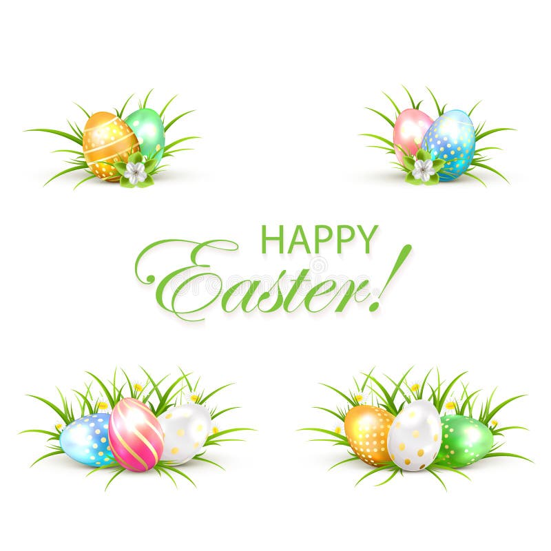 Set of Easter Eggs with Grass and Flower Stock Vector - Illustration of ...