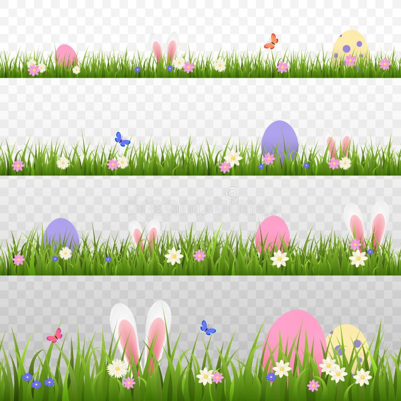 Set of Easter Green Grass Borders with Colored Eggs and Rabbit S Ears ...