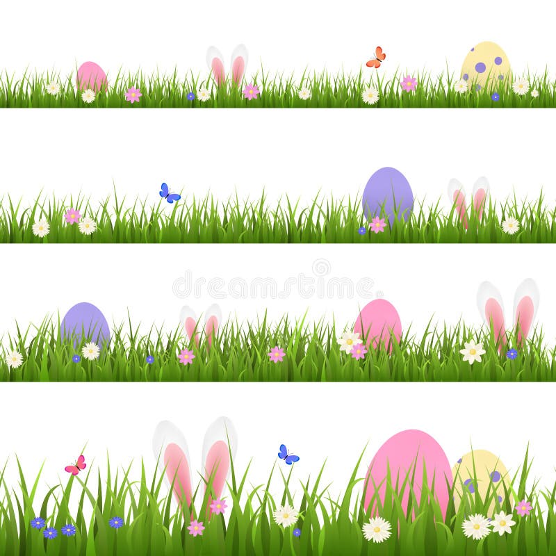 Set of Easter Green Grass Borders with Colorful Flowers and Butterflies ...