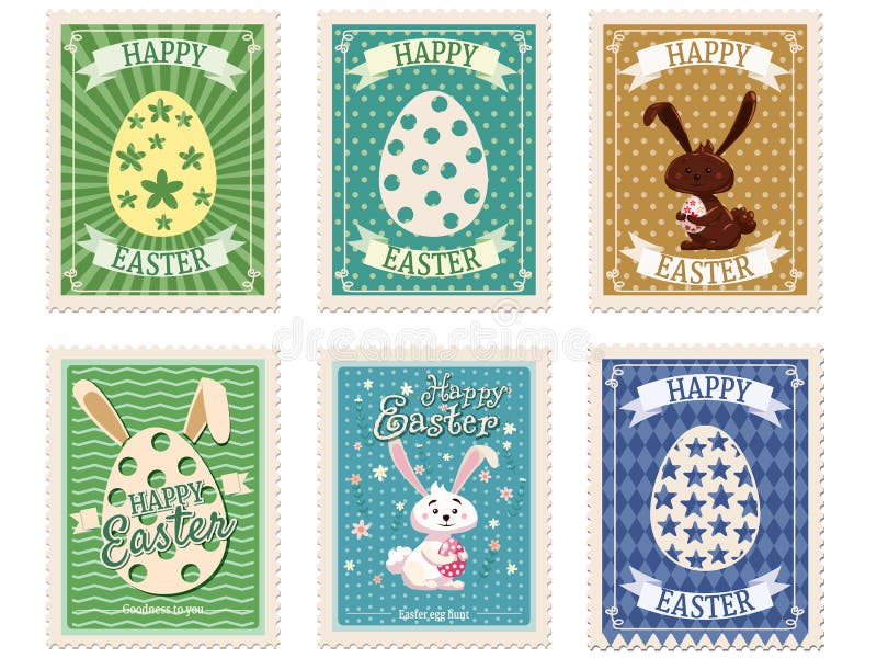 Set of Easter Postal Stamps, Bunnies, Eggs, Retro Graphic. Vintage ...