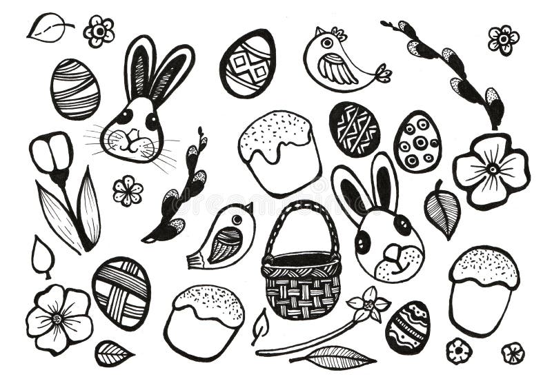 Set of Easter Symbols. Doodle. Black Contour Drawing on a White ...