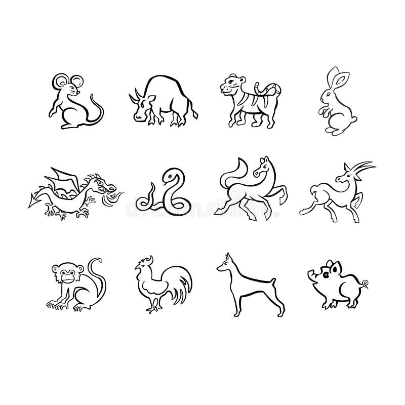 Set of Eastern Horoscope Symbols, Line Symbol of the Year, Outline ...