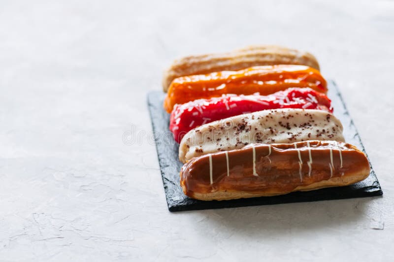 Set Eclairs Different Flavors Served Slate Board Stock Photos - Free ...