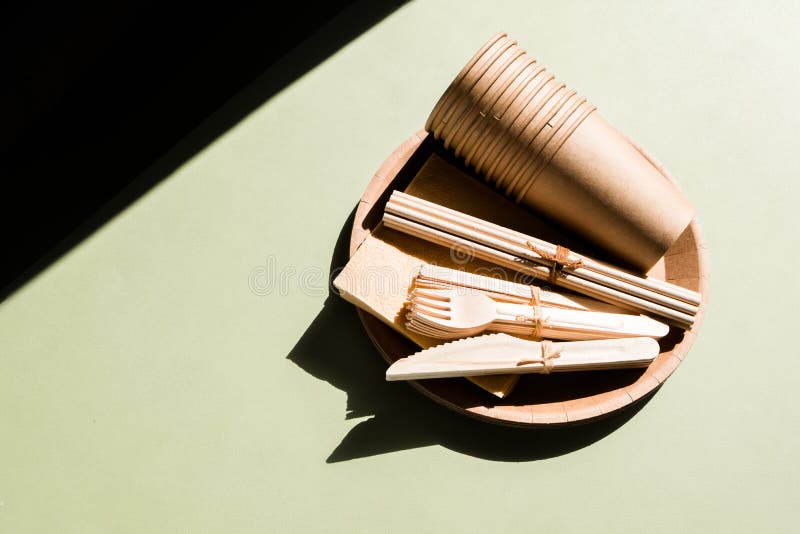 Set of Eco Friendly Tableware for Home and Picnic on Green Background ...