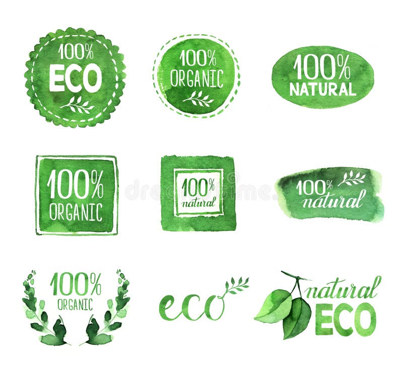 Set of Eco,organic,natural Watercolor Stickers Stock Illustration ...
