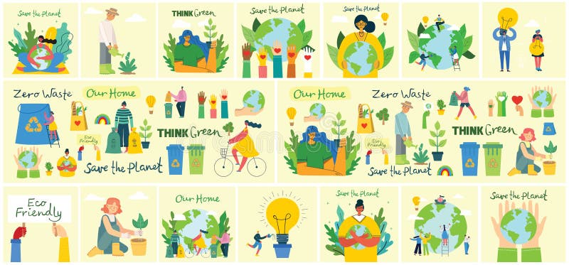 Set of Eco Save Environment Pictures. People Taking Care of Planet ... Set of Eco Save Environment Pictures. People Taking Care of Planet ...