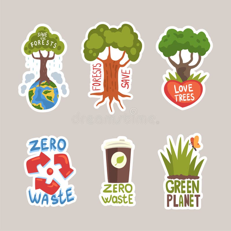 Set of Ecology Stickers. Save Planet, Forest, Zero Waste Cartoon Vector ...