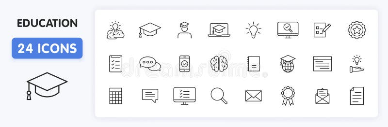 Set of 24 Education and Learning Web Icons in Line Style. School ...
