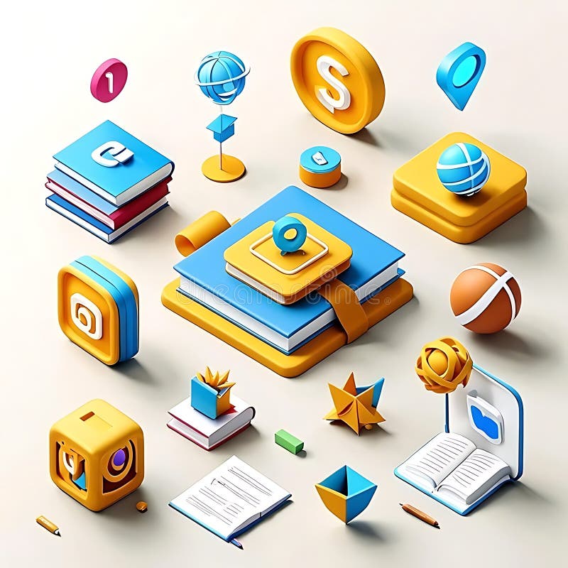 Set of Education and Social Media 3d Icons Stock Illustration ...