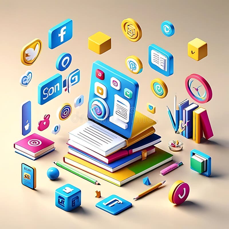 Set of Education and Social Media 3d Icons Stock Illustration ...