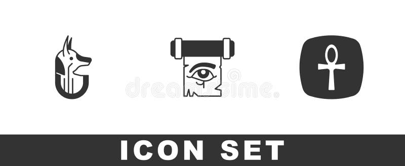 Set Egyptian Anubis, Eye of Horus on Papyrus Scroll and Cross Ankh Icon ...