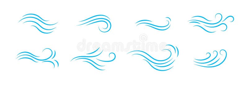 Set of Eight Blue Wave Symbols Showing Movement and Flow with Curvy ...