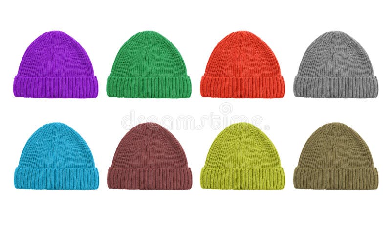 A Set of Eight Color Woolen Caps Isolated on White Stock Photo - Image ...