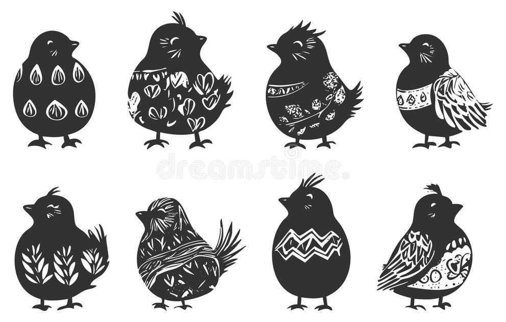 Set of Eight Decorative Birds with Unique Patterns in Black and White ...