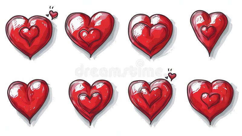 A Set of Eight Red Hearts Drawn in Different Styles, Some with Smaller ...
