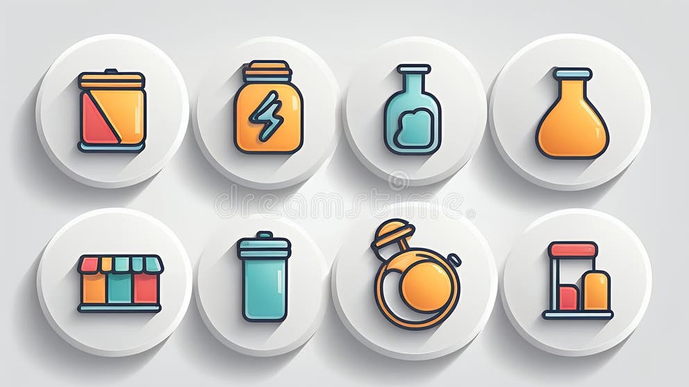 A Set of Eight Round Icons Displaying Various Cartoonish Objects on a ...