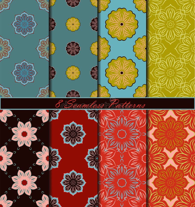 Set of Eight Seamless Pattern with Mandalas in Bright Beautiful Colors ...