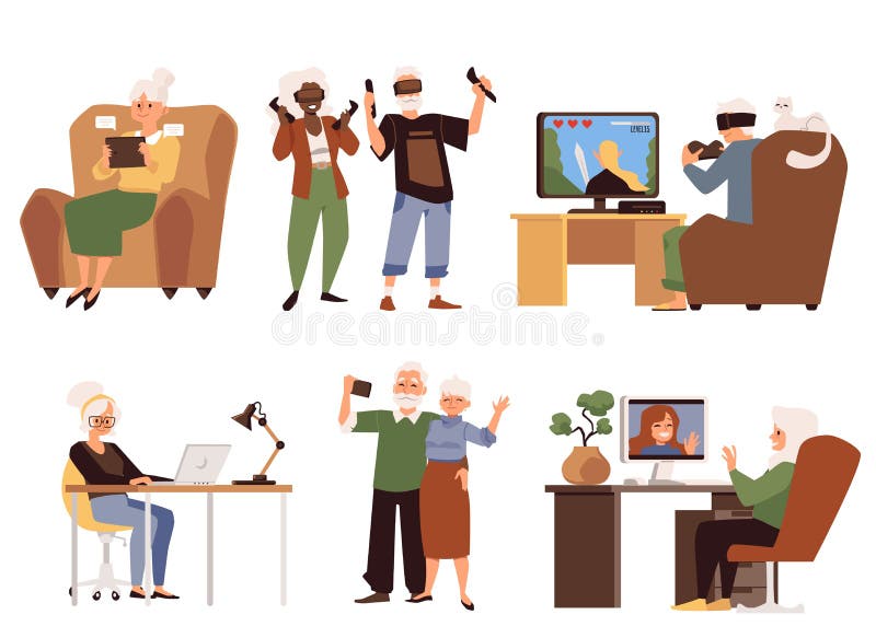 Set of Elderly People Using Gadgets Flat Vector Illustration Isolated ...