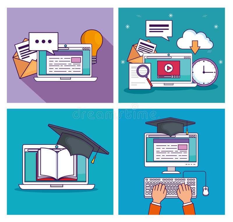 Set Elearnng Laptop and Computer Technology To Education Stock Vector ...