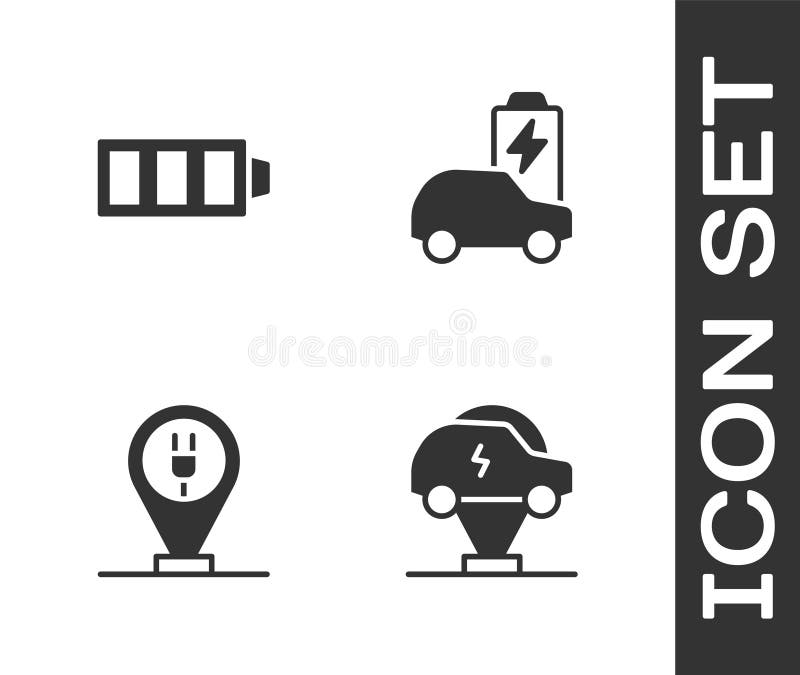 Set Electric Car, Battery Charge, Charging Parking Electric and Icon ...