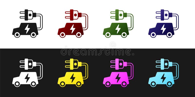 Set Electric Car and Electrical Cable Plug Charging Icon Isolated on ...