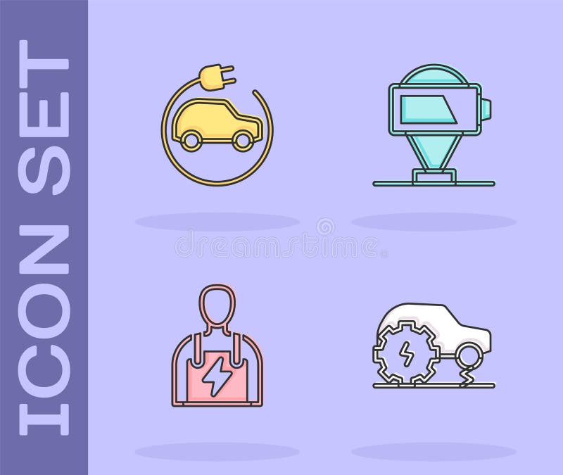 Set Electric Car Service, Car Mechanic and Battery Charge Icon. Vector ...