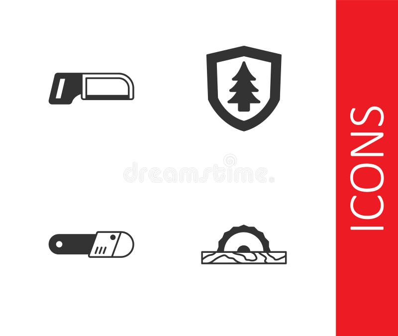 Set Electric Circular Saw, Hacksaw, Chainsaw and Shield with Tree Icon ...