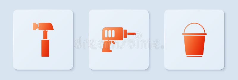 Set Electric Drill Machine, Hammer and Bucket. White Square Button ...