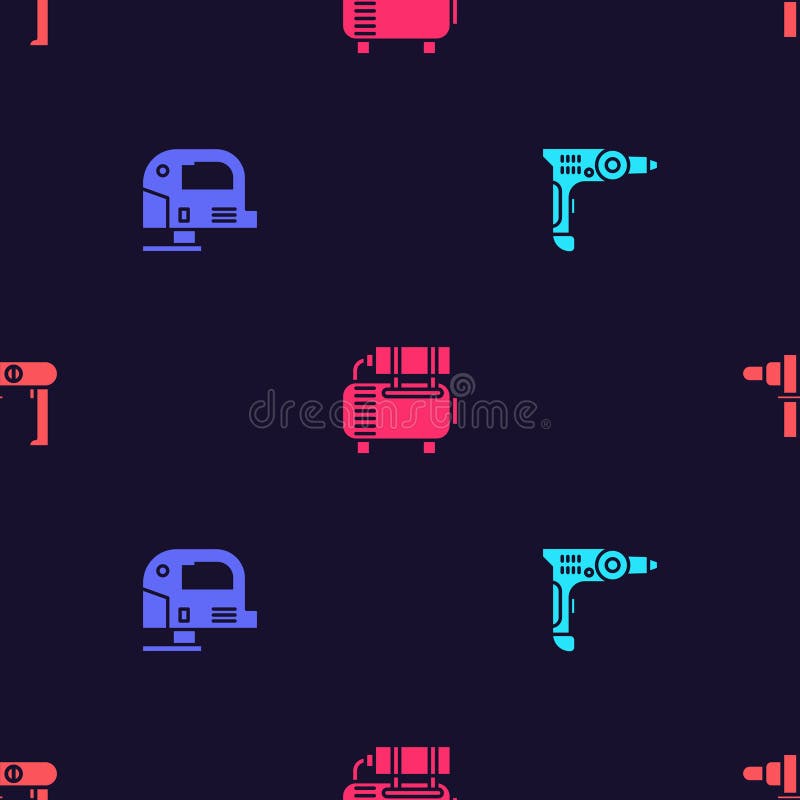 Set Electric Drill Machine, Jigsaw, Air Compressor and on Seamless ...