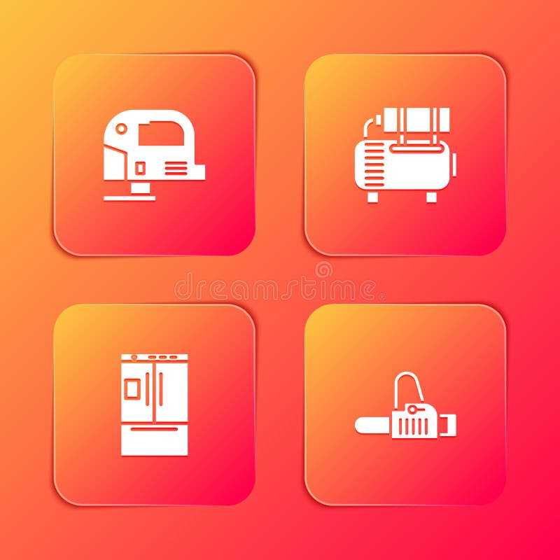Set Electric Jigsaw, Air Compressor, Refrigerator and Chainsaw Icon ...