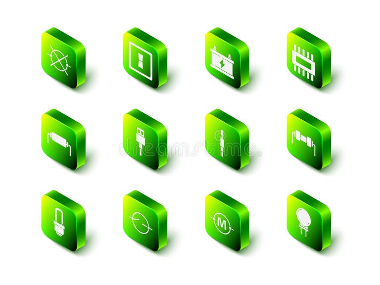 Set Electric Light Switch, Car Battery, Processor with Microcircuits CPU, Resistor Electricity ...