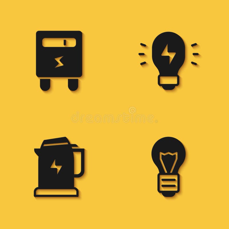 Set Electric Meter, Creative Lamp Light Idea, Kettle and Icon with Long ...