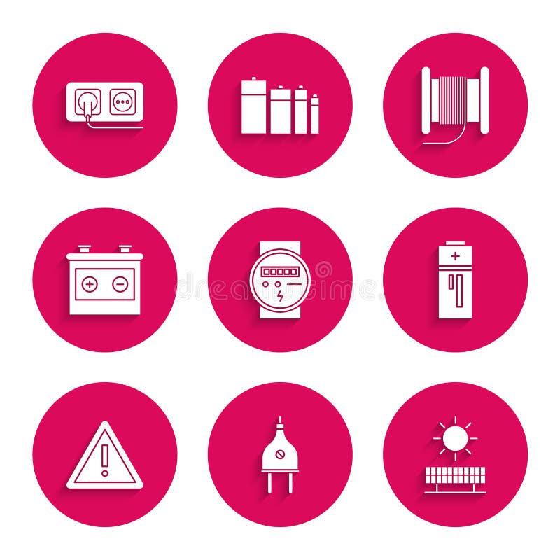 Set Electric Meter, Plug, Solar Energy Panel and Sun, Battery ...