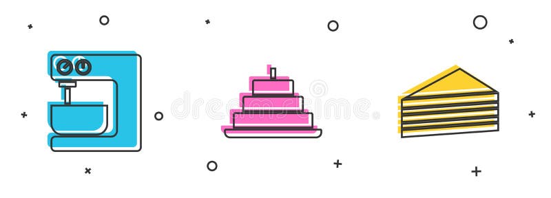 Set Electric Mixer, Cake with Burning Candles and Icon. Vector Stock ...