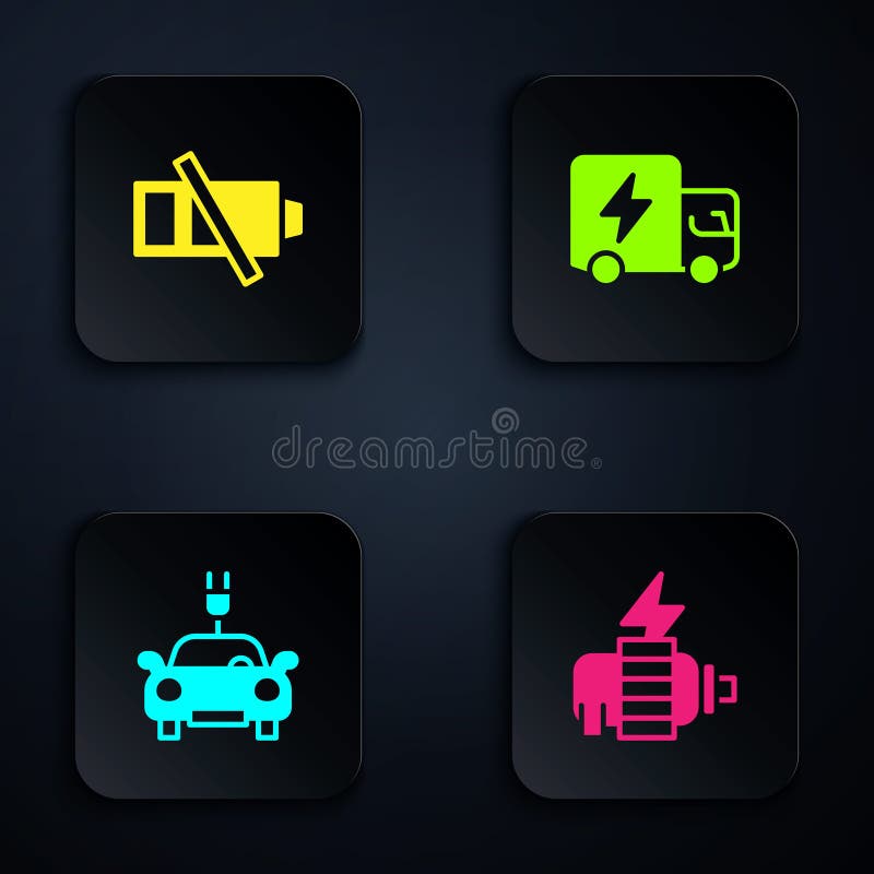 Set Electric Motor, Low Battery, Car and Truck. Black Square Button ...
