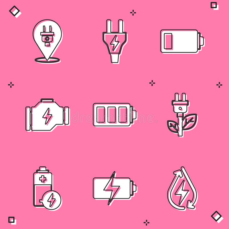 Set Electric Plug, Battery, Check Engine, Saving Leaf, and Icon. Vector ...