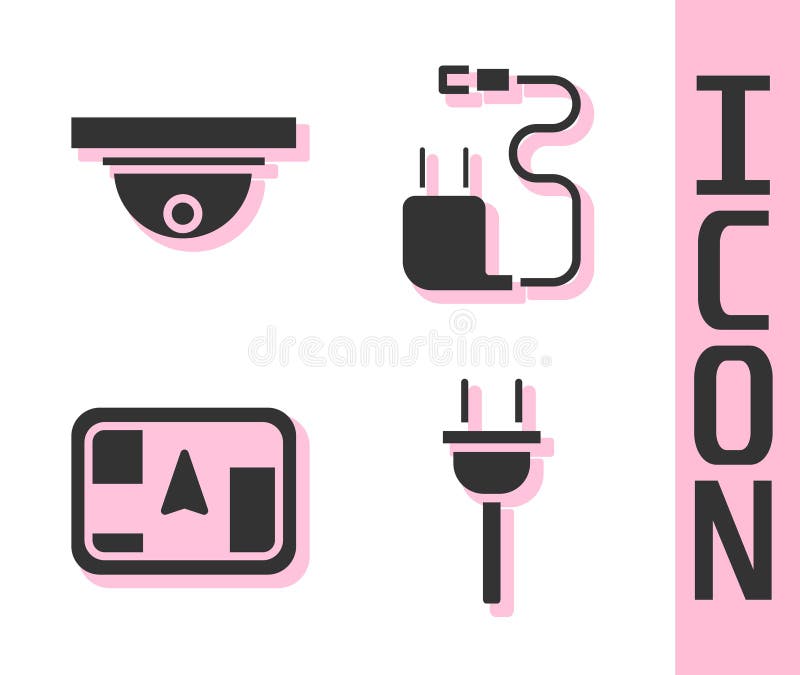 Set Electric Plug, Motion Sensor, Gps Device with Map and Charger Icon ...