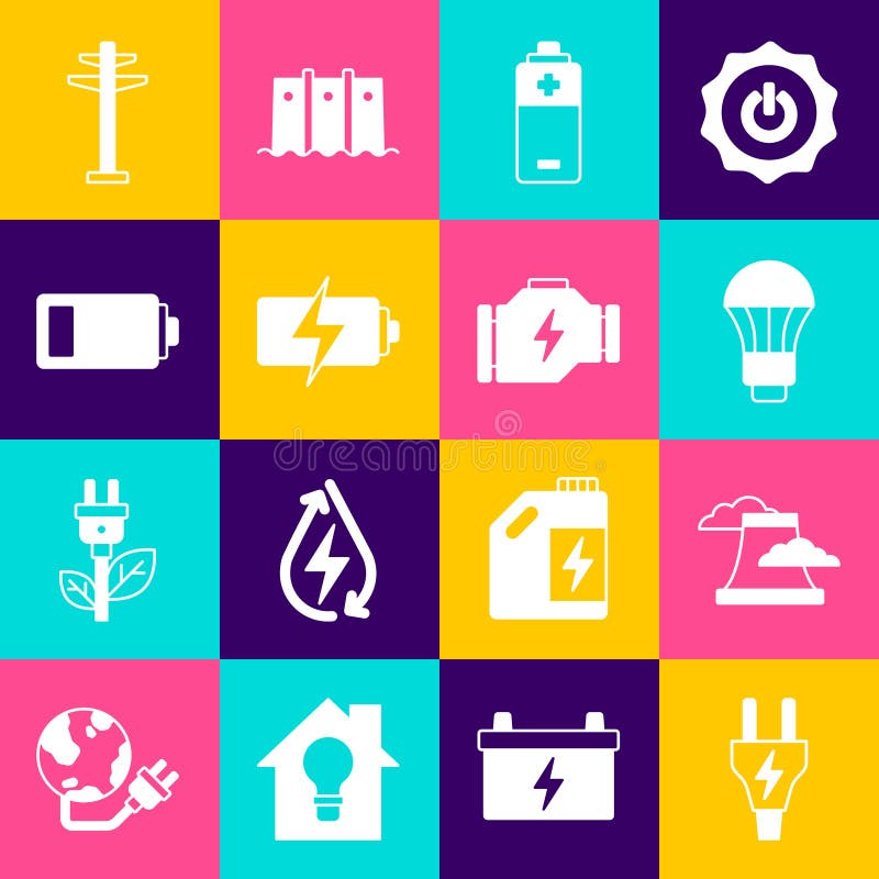Set Electric Plug, Nuclear Power Plant, LED Light Bulb, Battery, Tower ...