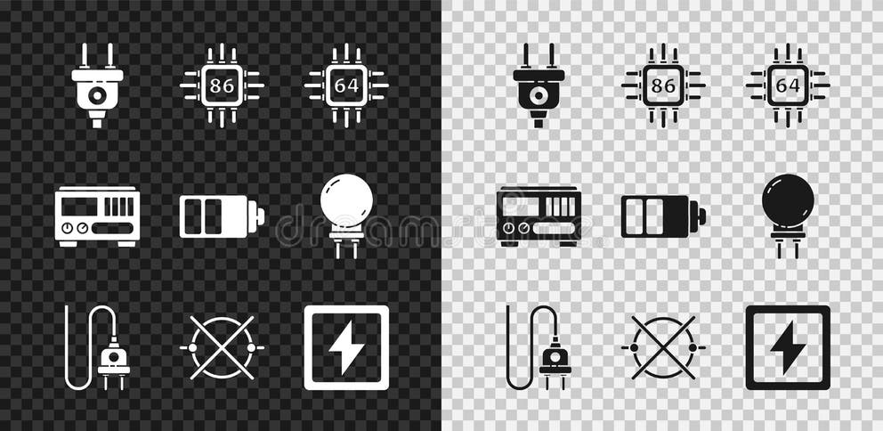 Set Electric Plug, Processor with Microcircuits CPU, Scheme, Lightning Bolt, Electrical ...