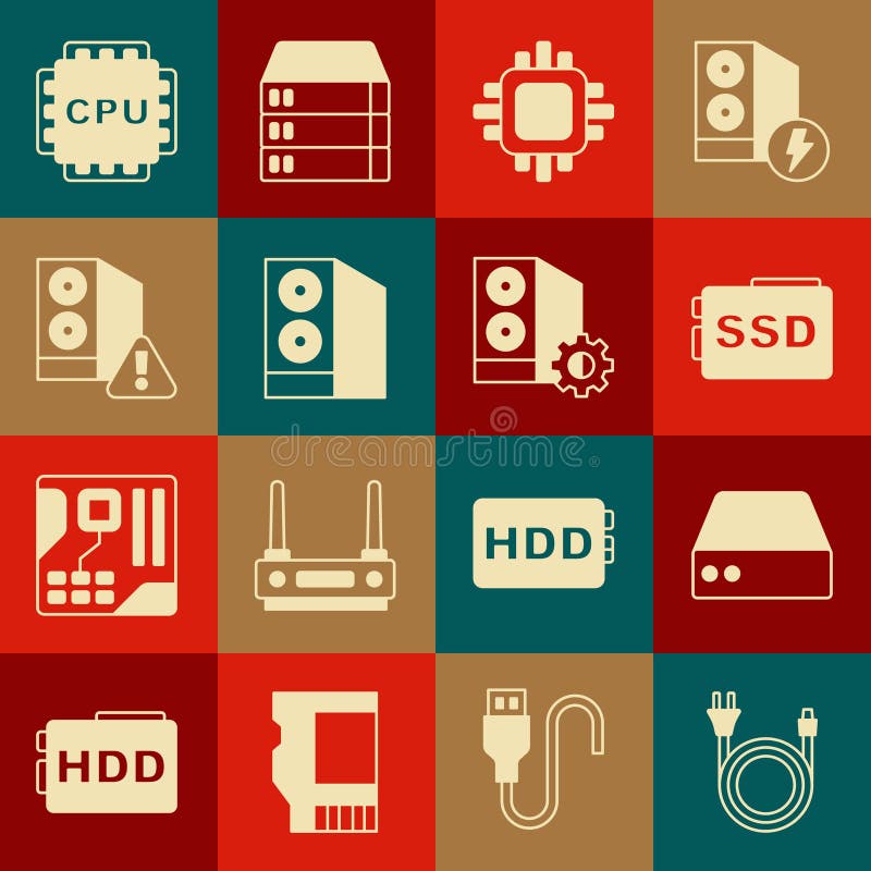 Set Electric Plug, Server, Data, Web Hosting, SSD Card, Processor with ... Set Electric Plug, Server, Data, Web Hosting, SSD Card, Processor with ...