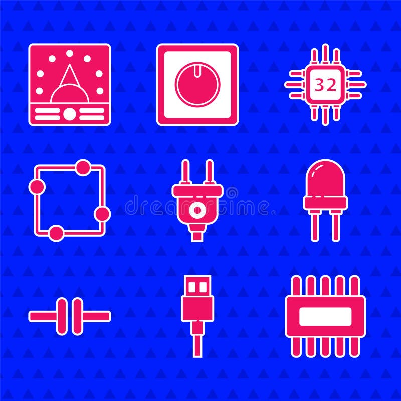 Set Electric Plug Usb Cable Cord Processor With Microcircuits Cpu Light Emitting Diode