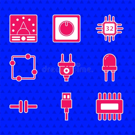 Set Electric Plug, USB Cable Cord, Processor with Microcircuits CPU, Light Emitting Diode ...
