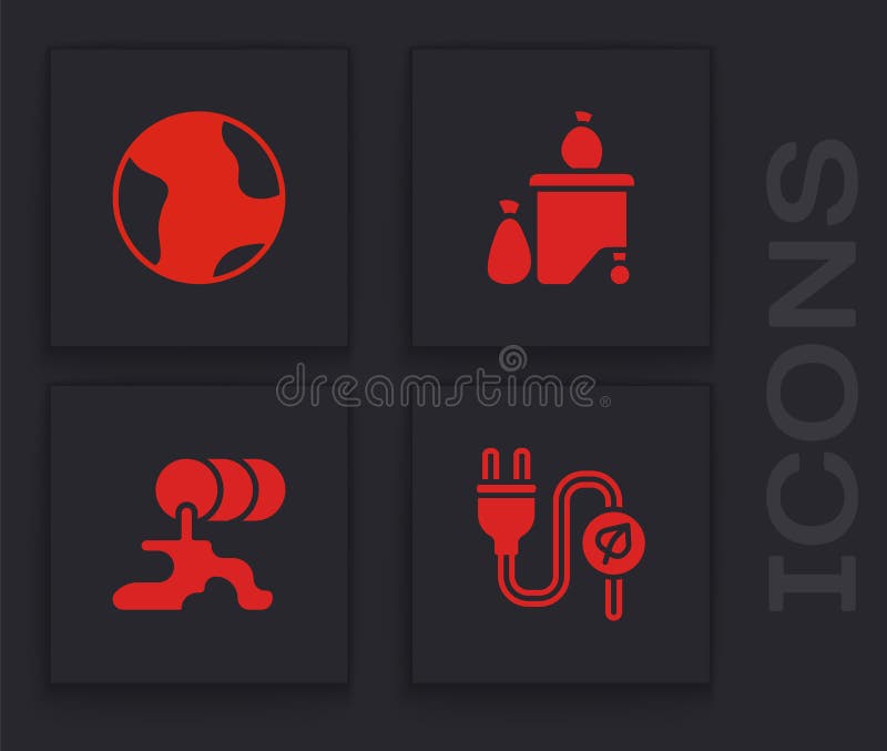 Set Electric Saving Plug in Leaf, Earth Globe, Full Dustbin and Barrel ...