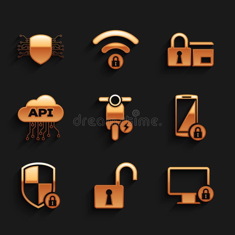 Set Electric Scooter, Open Padlock, Lock on Monitor, Smartphone with, Shield Security and Cloud ...