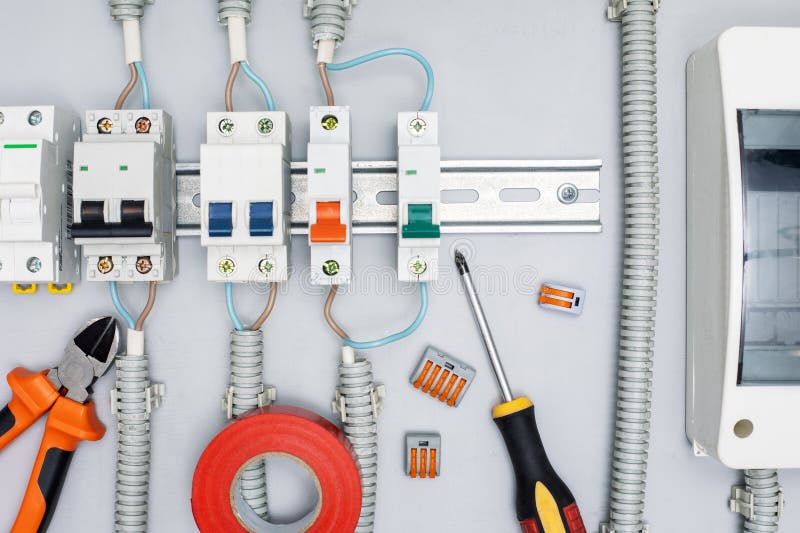 Set of Electric Tools and Equipments. Work on Electrical Panel Stock ...